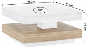 Konferenční stolek MANDY 360° otočná deska 70x70 cm, lamino bílý mat a dub sonoma