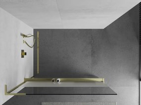 Mexen Kioto+ L, sprchová zástěna Walk-In s poličkou a věšákem 90 x 200 cm, 8mm čiré sklo-námraza, zlatý matný profil, 800-090-123-55-35