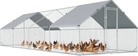 PawHut Velký venkovní kurník 24 m² pro 16-24 slepic 3x8x2 m Galvanizovaný ocelový kurník s PE krytem a zámkem - Stříbrný | Aosom
