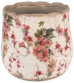 Béžový keramický obal na květináč nepravidelného tvaru s odřením a výraznými květy Roché – 18x16 cm