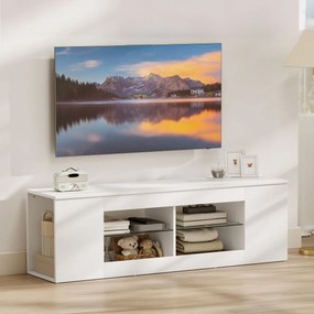HOMCOM 140 cm TV stojan, televizní komoda, 6 přihrádek, 2 skleněné police, dřevotříska, bílá