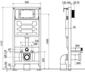 Mexen Fenix ​​Air Slim, podomítkový modul s pneumatickým splachováním pro závěsné WC h112 w50 cm, 6A100