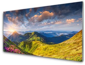 Obraz na skle Hory Slunce Louka Krajina 125x50 cm