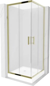 Mexen Rio, čtvercový sprchový kout s posuvnými dveřmi 70 (dveře) x 70 (dveře) x 190 cm, 5mm sklo námraza, zlatý profil + bílá sprchová vanička RIO, 860-070-070-50-30-4510