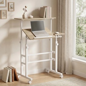 HOMCOM sedací‑stojací stůl výškově nastavitelný 70 x 60 cm na kolečkách s naklápěcí deskou, kovový rám, hnědý