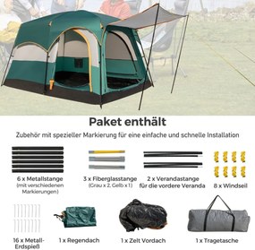 Costway Kempingový stan pro 6 osob s přepážkou na 2 místností a pláštěnkou a PE