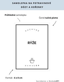 RÝŽE – průhledná samolepka na dózu, tučné písmo, 6 x 8 cm | DomaLEP