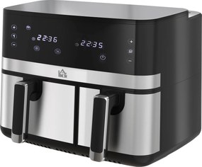 HOMCOM Horkovzdušná fritéza 8,5 l Dvoukomorová fritéza 8v1 s nepřilnavým povrchem Dotykový displej Chytrý časovač bez oleje Černá | Aosom