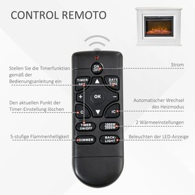 HOMCOM Elektrický krb, 3D LED plameny, dálkové ovládání, časovač, MDF, bílý