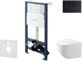kielle Genesis New - Set předstěnové instalace, kompaktního klozetu Gaia, Rimless, sedátka softclose a tlačítka Gemini New II, matná černá 30528SS87