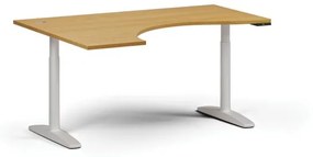 Výškově nastavitelný stůl OBOL, elektrický, 675-1325 mm, ergonomický levý, deska 1600x1200 mm, bílá zaoblená podnož, buk