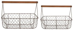 Hnědé antik drátěné košíky s dřevěnou rukojetí – 36x17x12/27 / 32x15x10/22 cm