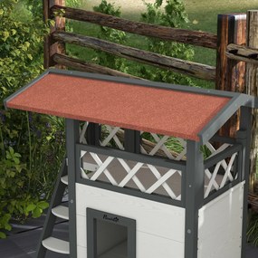 Dvoupatrový domek pro kočky PawHut s asfaltovou střechou a balkonem, vila pro kočky se schody z masivního dřeva, bílá, 77 x 50 x 73 cm | Aosom.de
