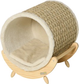 PawHut Kočičí Doupě Kočičí Postel s Policí Kočičí Domek s Škrabacím Padem Vnitřní Borové Dřevo Flanel Khaki+Přírodní Béžová 41 x 38 x 43 cm | Aosom
