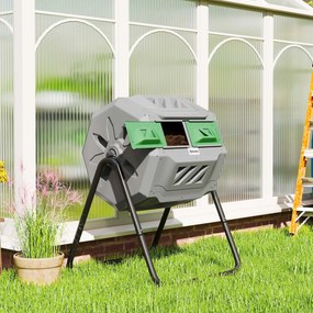 Bubnový kompostér Outsunny 160 l s možností otáčení a 2 přihrádkami na organický odpad, účinný a robustní, zahradní kompostér v šedé barvě