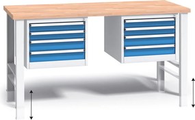 Výškově nastavitelný pracovní stůl do dílny G3 se 2 závěsnými boxy na nářadí, buková spárovka, 8 zásuvek, 1700 x 685 x 840 - 1050 mm, modrá