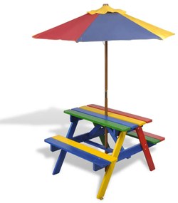 vidaXL Dětský piknikový stůl, lavičky a slunečník vícebarevný dřevo