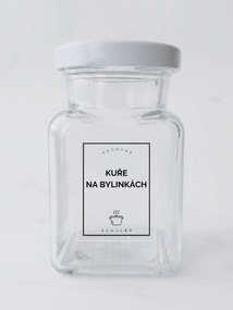 Samolepka na kořenky KUŘE NA BYLINKÁCH průhledná 3 × 4 cm tučné písmo