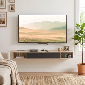 HOMCOM Závěsný TV nábytek, TV nábytek pro televize až do 152,4 cm (60 palců), výklopná zásuvka, 2 police, 140x24x16 cm, přírodní dřevo