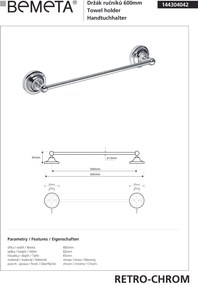 Bemeta Design RETRO chrom: Držák ručníků, 600 mm -