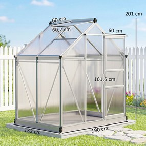 Outsunny hliníkový skleník 2,51 m² — 190 × 132 × 201 cm s pozinkovaným podstavcem, střešním větráním, posuvnými dveřmi, 4 mm UV-odolnými polykarbonát…