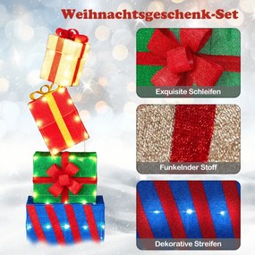 Costway Sada 4 svítících vánočních dárkových krabiček, svítící dárkové krabičky