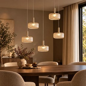 Designové závěsné svítidlo růžové zlato s jantarovým sklem vč. LED, 3-stupňově stmívatelné, 5-světelné Easylift - Fiera