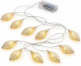LED světýlka na baterie, kovové lístky, 1,8 m, teple bílá, 10 diod, čirý kabel, IP20 interiér, 2 × AA