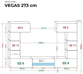 Ral Obývací stěna VEGAS 3, 273 cm - Černý lesk