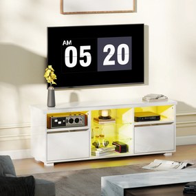 HOMCOM TV skříň 120 cm, TV stojan pro televize až do 55 palců s LED osvětlením a dálkovým ovládáním, bílé skleněné police
