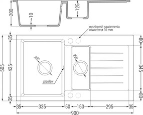 Mexen Matias - dřez granitový 90,0x50,5cm, 1,5-komorový, šedá, 6502901505-71