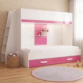 Patrová postel palanda PARTY | 230x135 cm | spaní 90x200 + 90x195 cm | UNI provedení | bílá/růžová lesk
