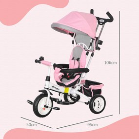 6-in-1 Kinderdreirad mit Schiebestange, Dach, Gurt, Ablagekorb, für 1-5 Jahre, Rosa