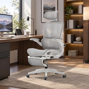 HOMCOM ergonomická kancelářská židle s bederní opěrkou, podnožkou a opěrkou hlavy, šedá