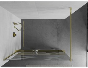 Mexen Kioto+, sprchová zástěna s poličkou a držákem na ručníky 140 x 200 cm, 8mm čiré sklo vzor bílý, zlatý profil 800-140-121-50-97