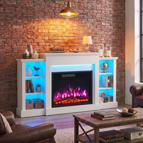 HOMCOM TV stolek s elektrickým krbem a 6 policemi, 138 cm, 900/1800 W, bílý