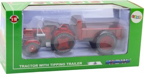 LEAN Toys Kovový zemědělský traktor s přívěsem, červený, v měřítku 1:18