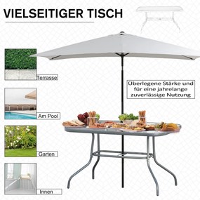 Zahradní stůl Outsunny - Bistro stůl, stůl na terasu, boční stůl se skleněným topem, otvor pro slunečník, tvrzené sklo + kov, tmavě šedá, 120 x 80 x …