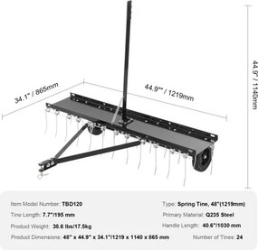 Vlek za odhrnovač trávy 121,9 cm hrábě na pro ATV nebo sekačku 24 prstů