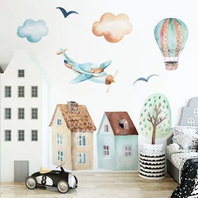Gario Dětská nálepka na zeď Boys world - letadlo, balón, domy a strom