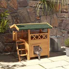 PawHut dvoupatrový domek pro kočky s asfaltovou střechou a balkonem, vila pro kočky z masivního dřeva se schody, přírodní, 77x50x73cm