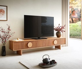 TV stolek Surimu 200 cm akácie světle hnědá 4 dvířka korkové madlo