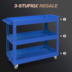 třípatrový vozík na nářadí, 4 kolečka, ocel, 83Š x 35,3D x 76V cm, modrý