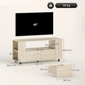 HOMCOM TV nábytek 106,68 cm s otočnými kolečky a brzdou, nastavitelné police a zásuvky, 102x34,5x48,5 cm, dřevo