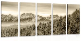 5-dílný obraz zamrzlé hory v sépiové provedení - 200x100 cm