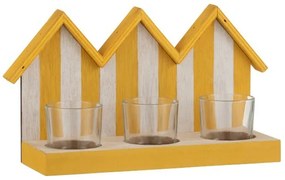 Dřevěný svícen žluto bílé plážové domečky se třemi skleněnými miskami na čajovou svíčku - 25,5*8,5*15 cm
