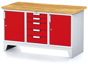 Dílenský stůl MECHANIC I, 2 skříňky a zásuvkový box na nářadí, 5 zásuvek, 1500x685x880 mm, červené dveře
