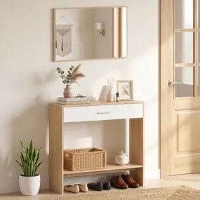 HOMCOM konzole + zrcadlo, úzký konzolový stolek se zásuvkou a policí, moderní styl, 91,5 x 27,9 x 85,5 cm, dub