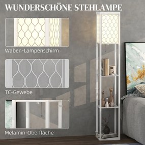HOMCOM Stojací lampa s policí, 3 přihrádky, kompaktní rozměry, MDF, bílá