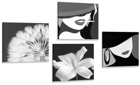 Set obrazů dámy v černobílém provedení - 4x 60x60 cm